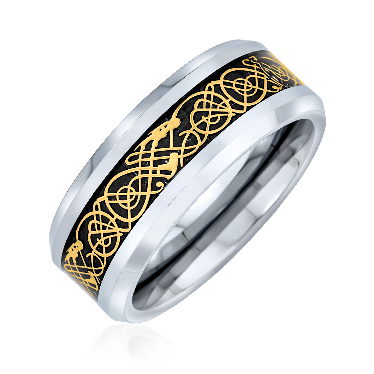 Two Tone Celtic Dragon Inlay Silver Gold Titanium Wedding Band Ring eBay